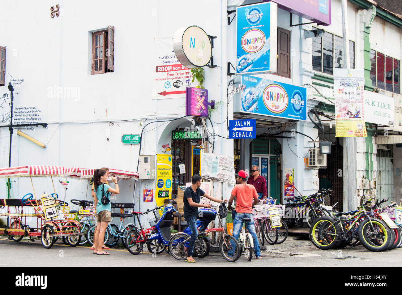 Bicycle rental, Lebuh Chulia, Georgetown, Penang, Malaysia Stock Photo ...
