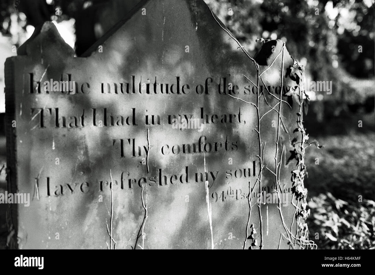 Forgotten gravestone inscribed with the 94th psalm verse 19 and ...