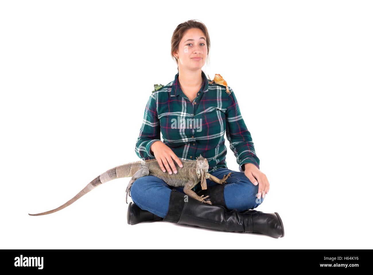 Girl with several pet animals isolated in white Stock Photo - Alamy