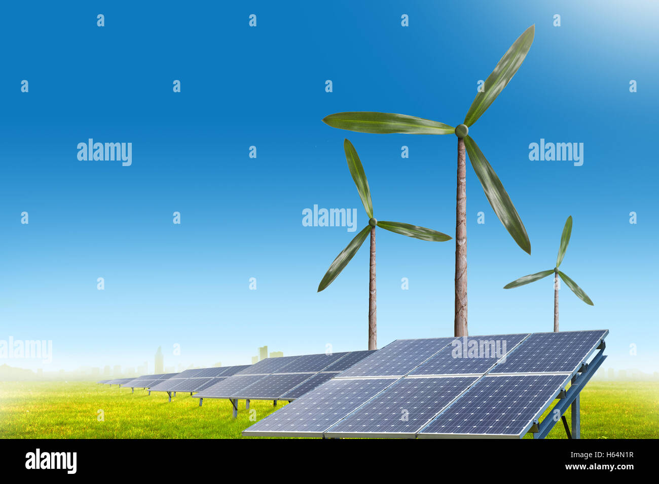 Green energy concept - natural wind generator turbines and solar panels ...