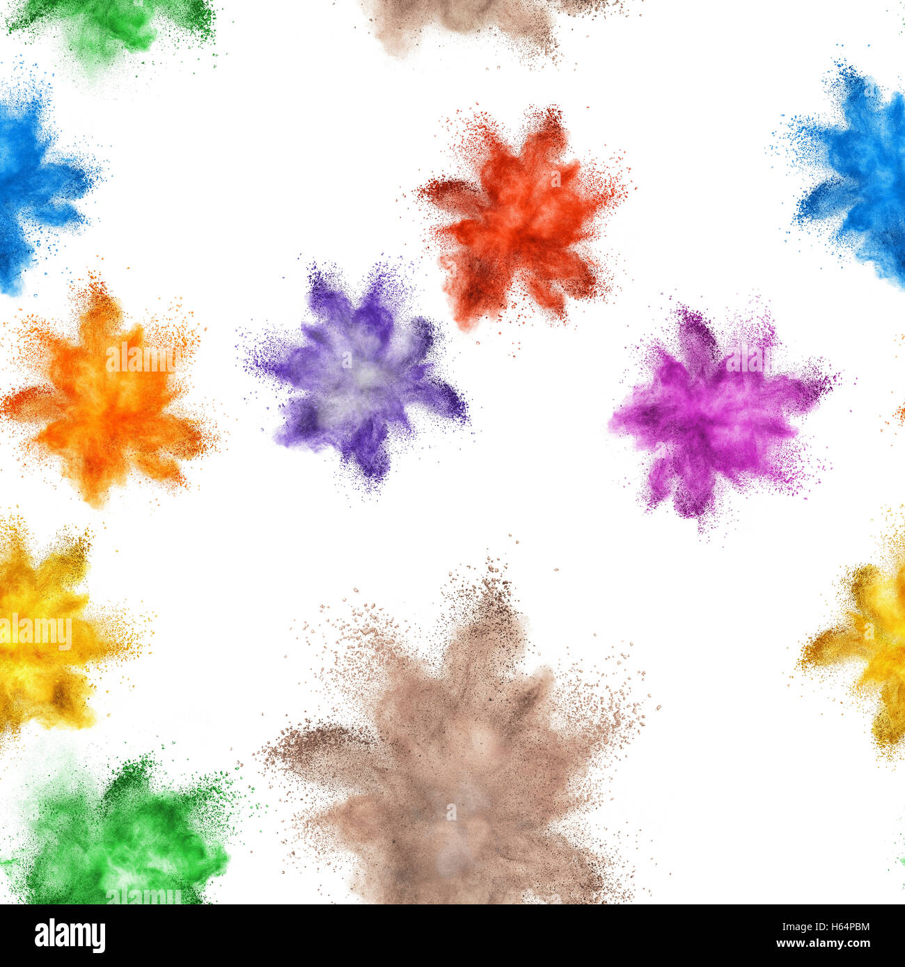 Seamless pattern , many colored powder explosion on white background ...