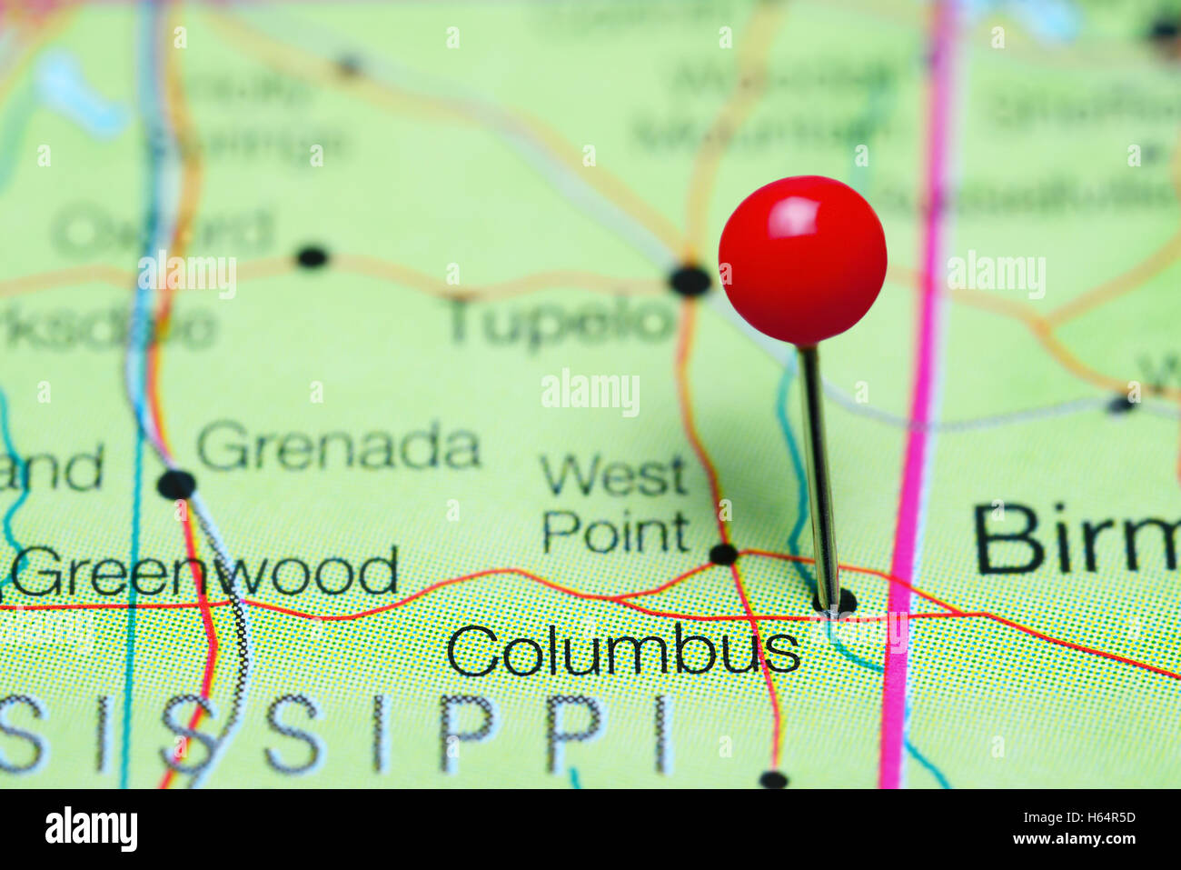 Columbus pinned on a map of Mississippi, USA Stock Photo - Alamy