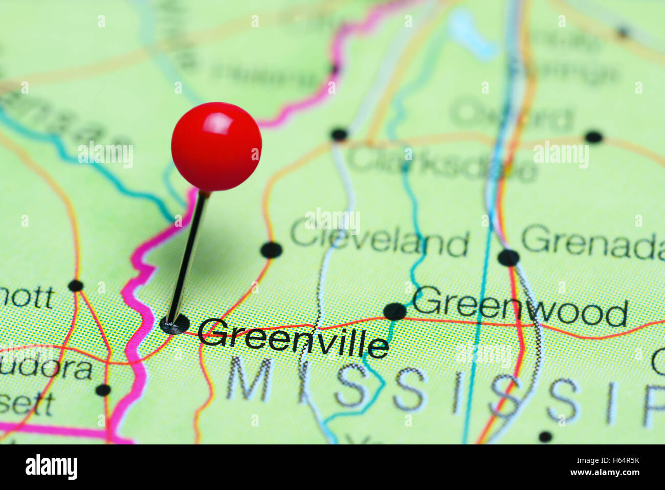 Greenville pinned on a map of Mississippi, USA Stock Photo - Alamy