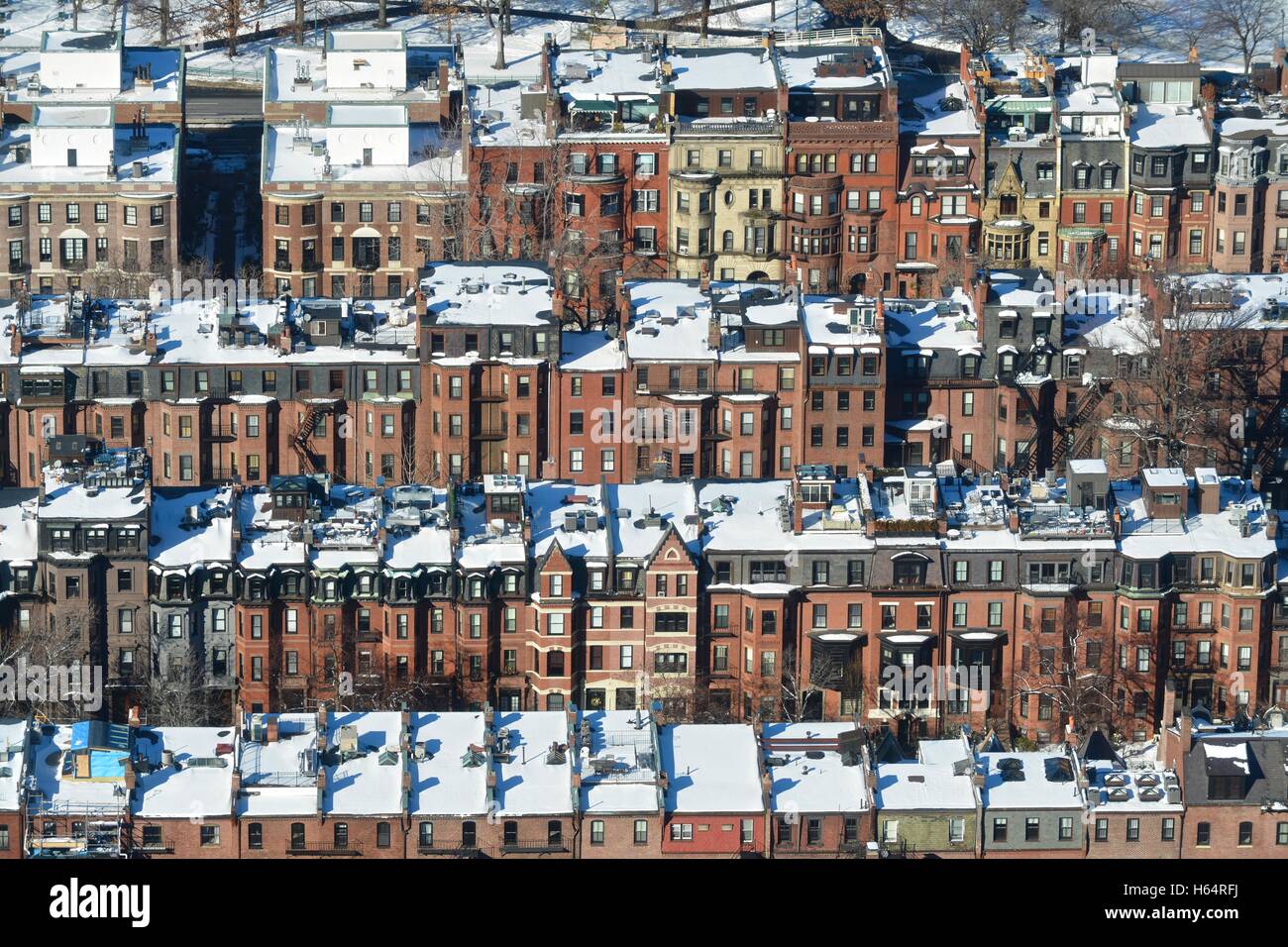 Boston's iconic Victorian Back Bay Row Houses and Charles River covered ...