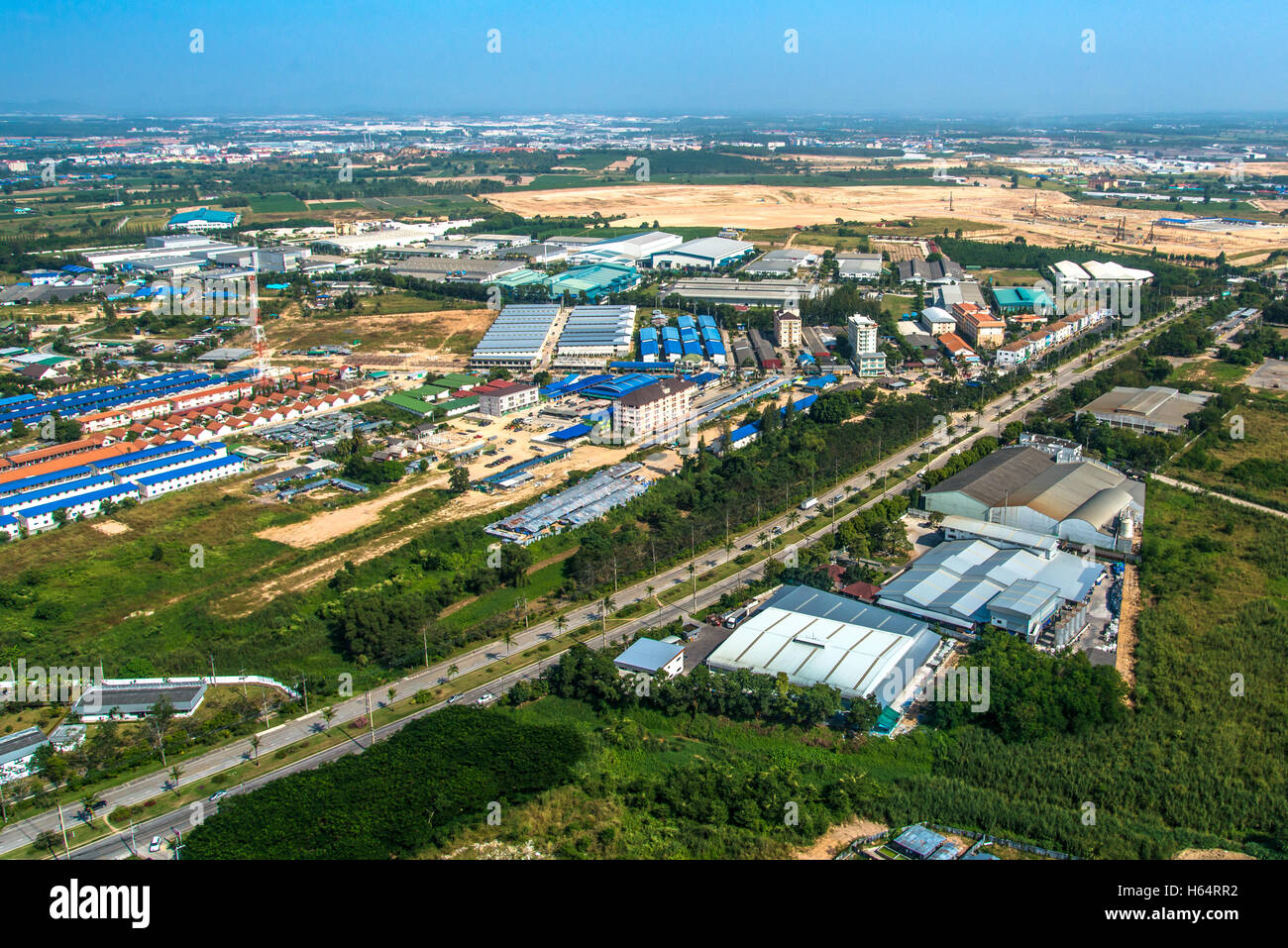 Industrial estate land development construction and residential aerial ...