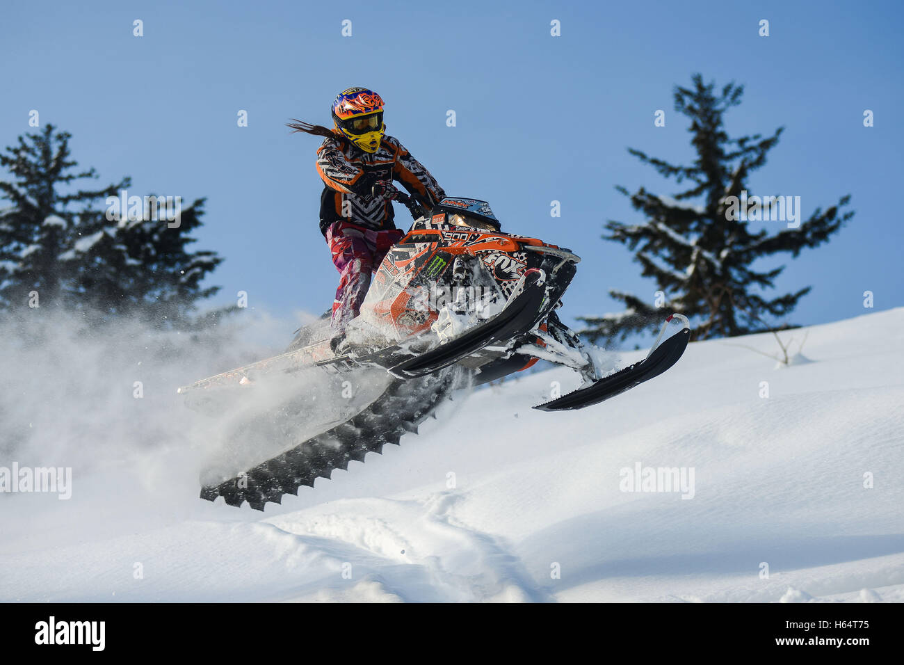 Snowmobile jumping extreme snowmobiling hi-res stock photography and ...