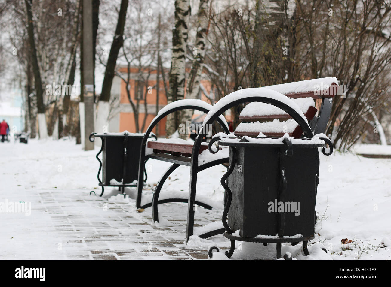 Winter bench in a park Stock Photo - Alamy