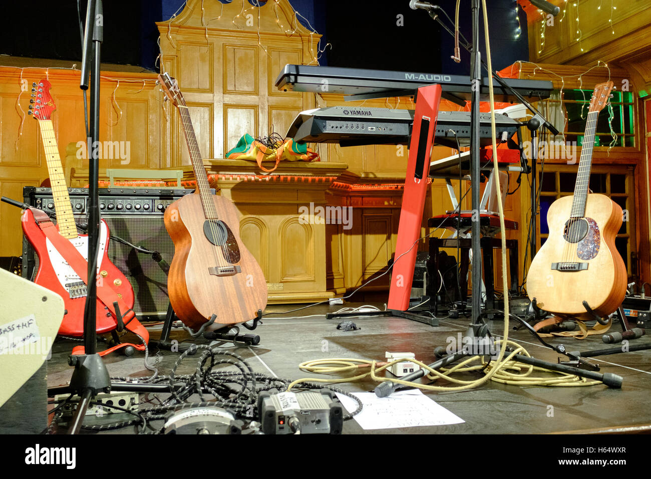 Instruments on the stage before a gig at The Acapela, Pentyrch, Cardiff ...