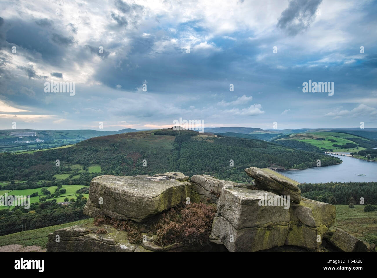 Landscape view from Bamford Edge in Peak District towards Ladybower ...