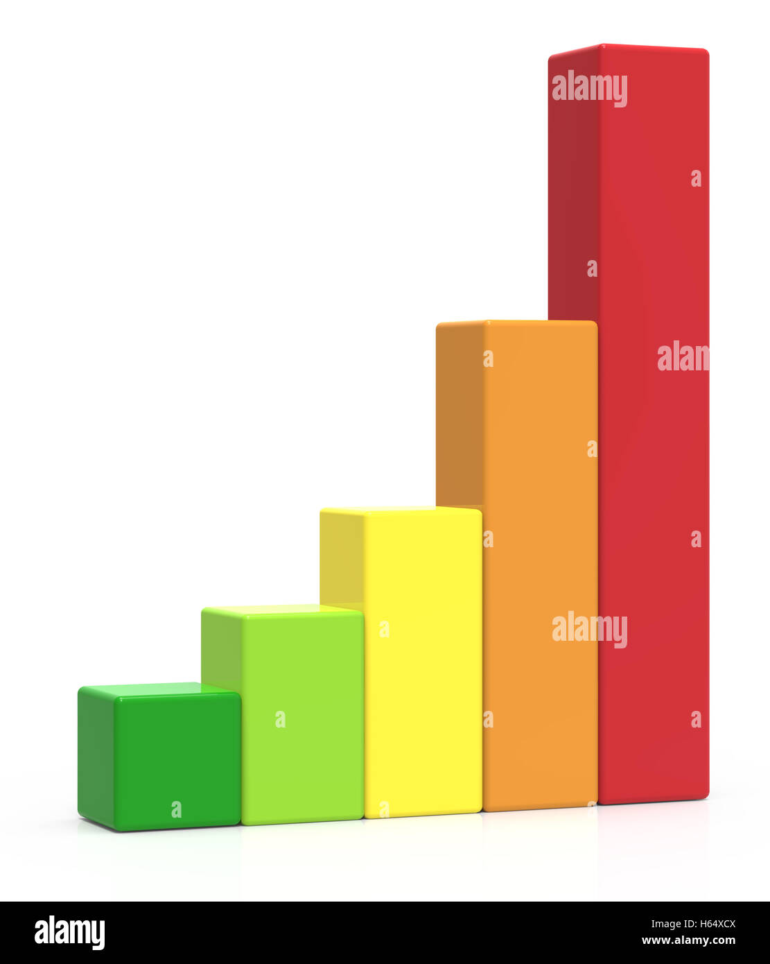 3d rendering five colored bar chart, isolated white background, left ...