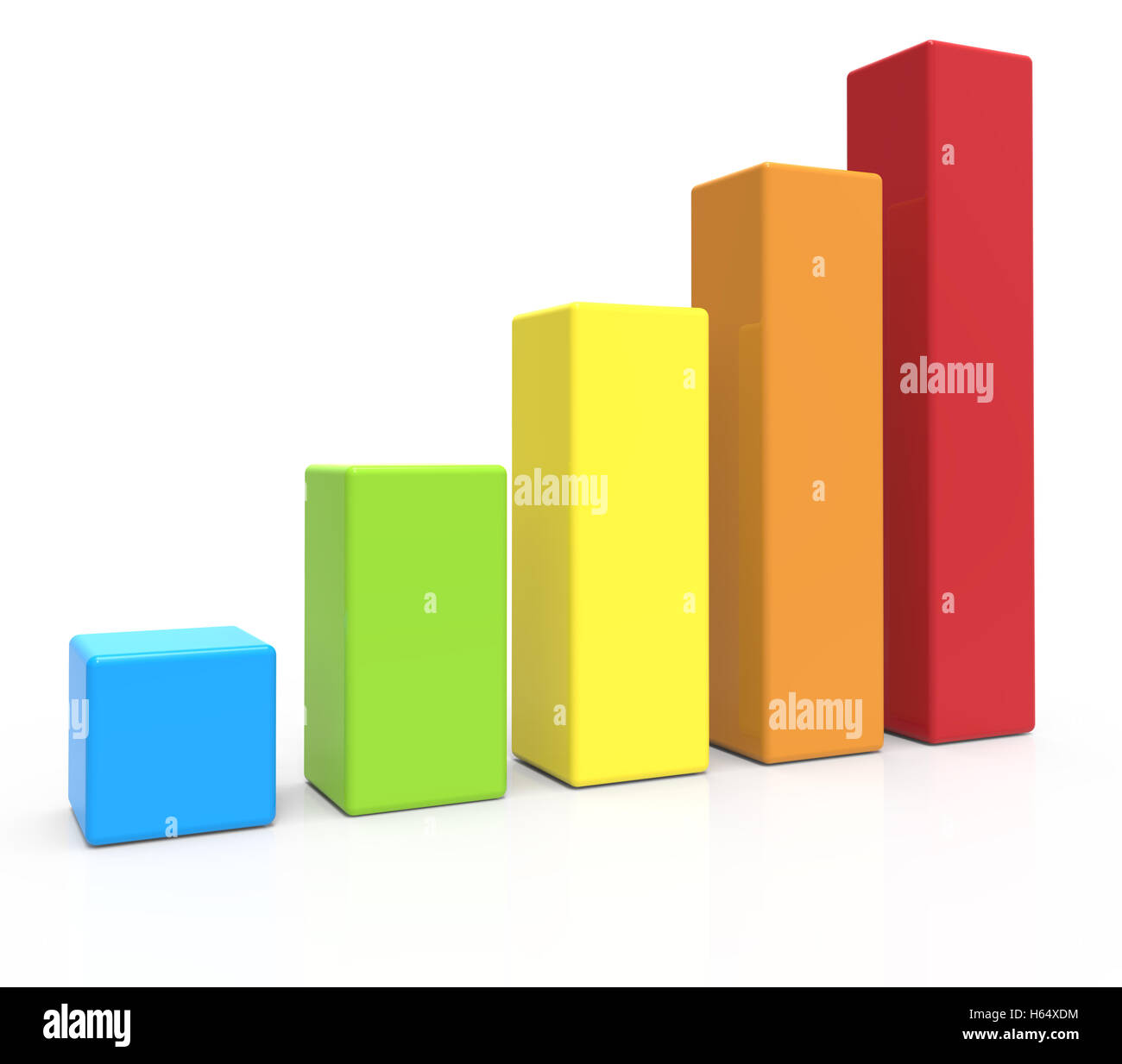 3d rendering five colored bar chart, isolated white background, left ...