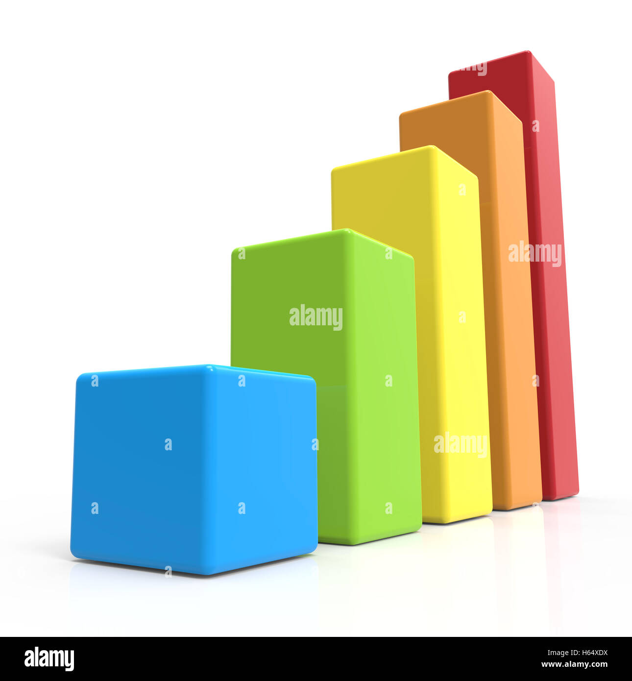 3d rendering five colored bar chart, isolated white background, left ...