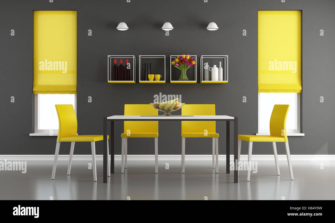 Black and yellow modern dining room with two windows - 3d rendering ...