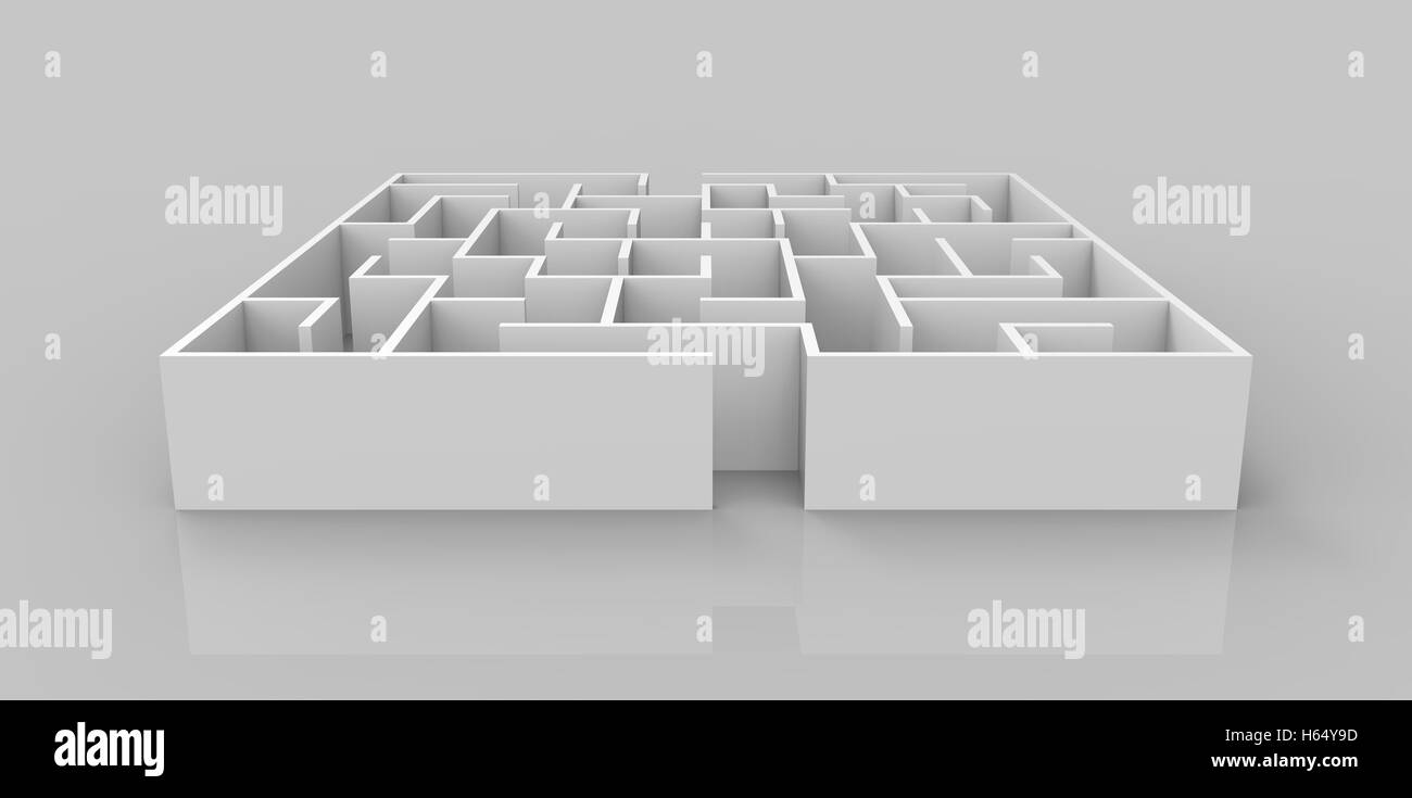 3d rendering maze, small square maze template isolated on glossy floor ...