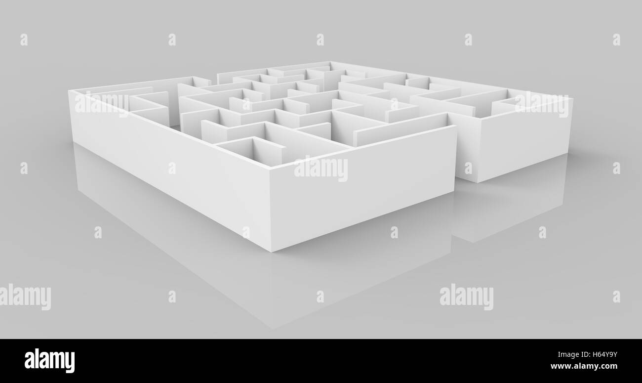 3d rendering maze, small square maze template isolated on glossy floor ...