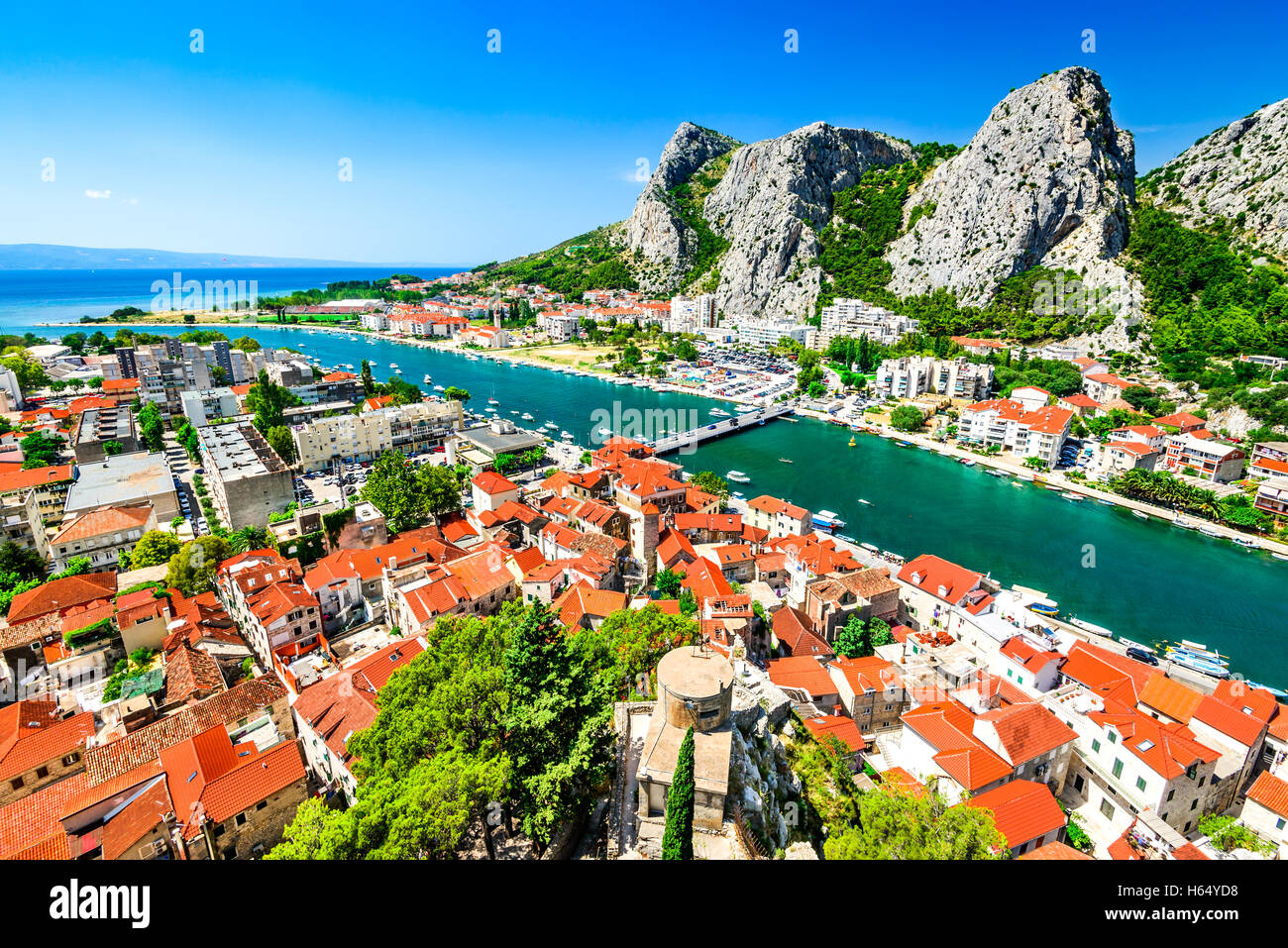 Omis, Croatia. Dalmatia Coast panorama with emerald-green Cetina River, Croatian travel landmark ...