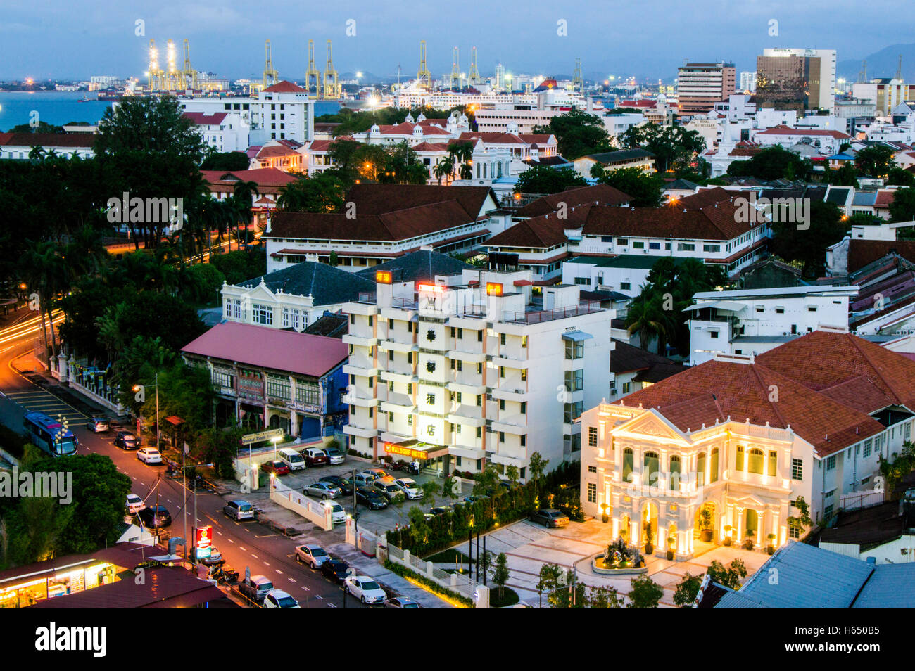 Aerial view of Georgetown at dusk, looking northwest, Penang, Malaysia ...