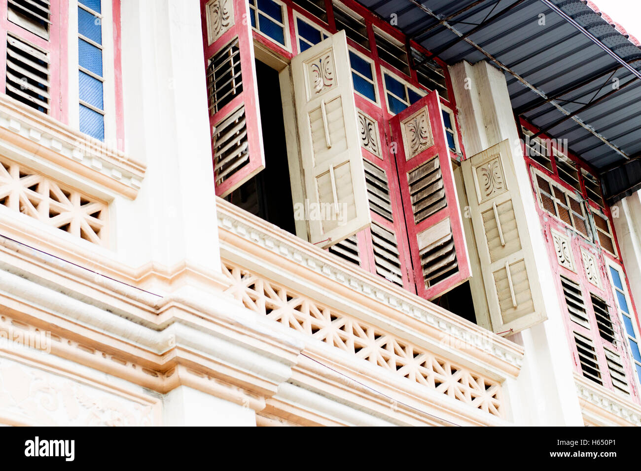 Terrace house upper floor windows, Little India, Georgetown, Penang ...