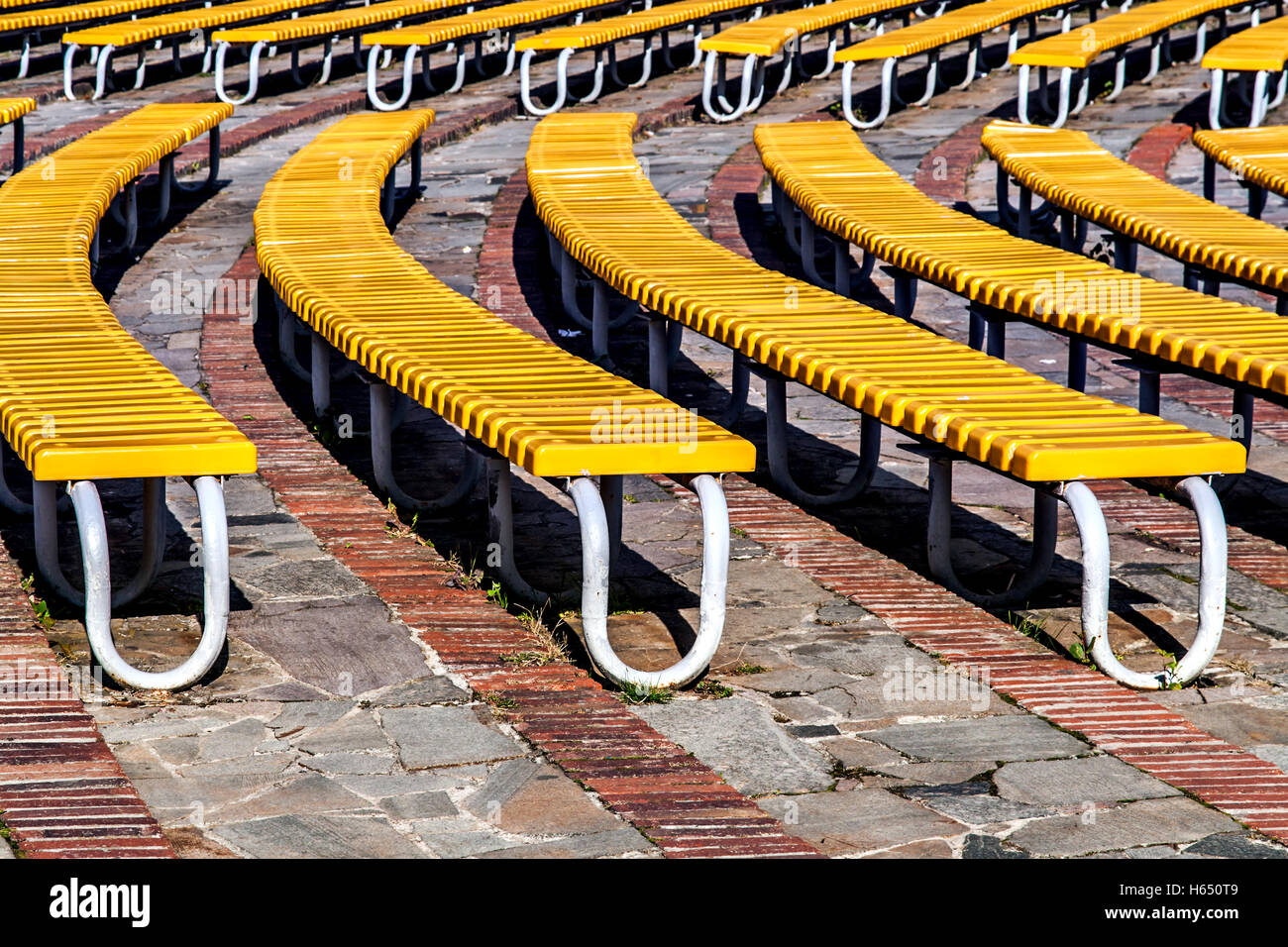 neat rows of green benches on a background of green grass Stock Photo ...