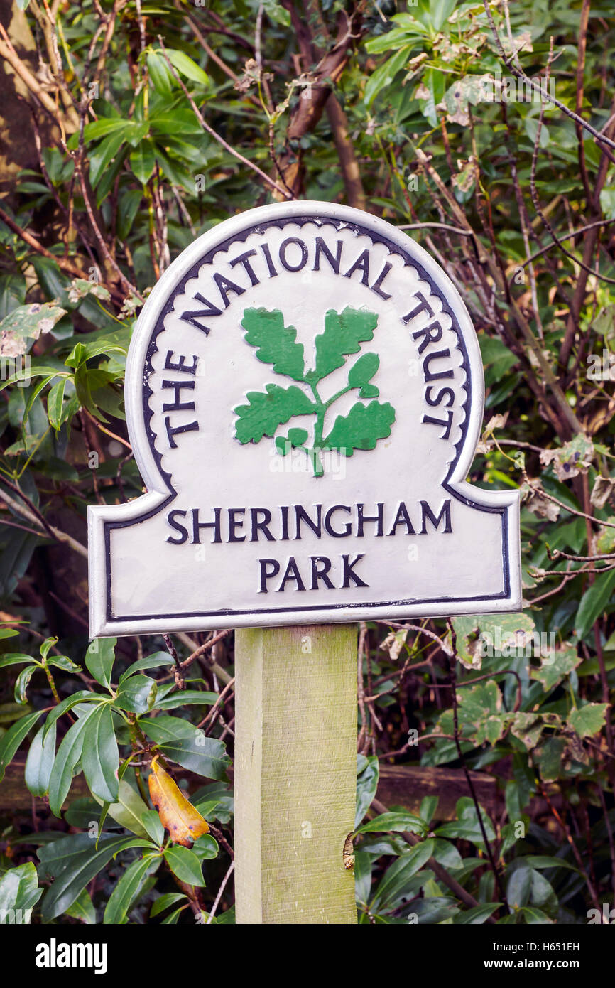 National Trust sign at the entrance to Sheringham Park, Norfolk, a ...