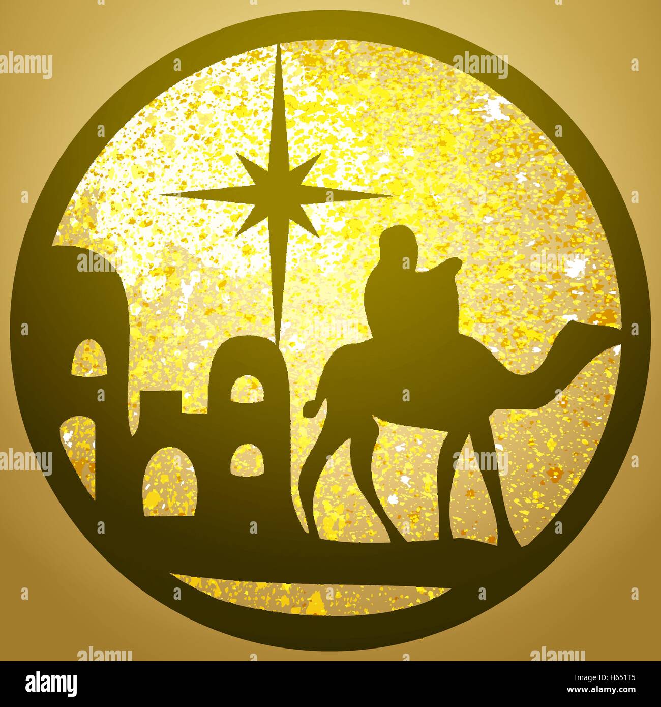 Adoration of the Magi silhouette icon vector illustration on gold ...