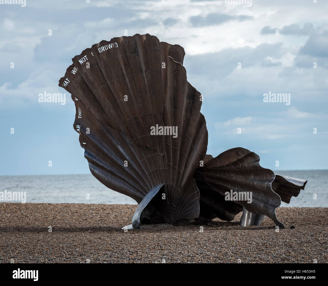 Scallop metallic shell sculpture at Aldeburgh in Suffolk looking ...