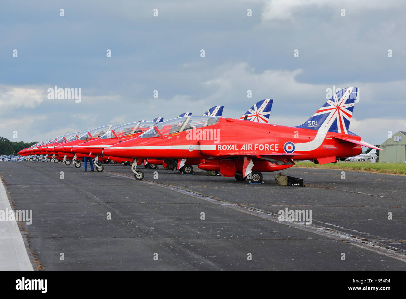 The Red Arrows BAE Systems Hawk T.1 all lined up at Biggin Hill Air Show 2014, UK Stock Photo ...