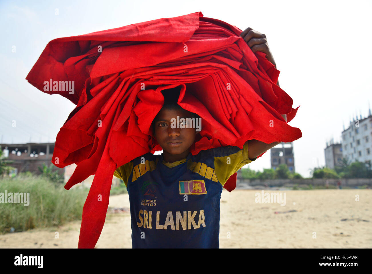 A Bangladeshi child laborer carries dry leather on his head in Dhaka ...