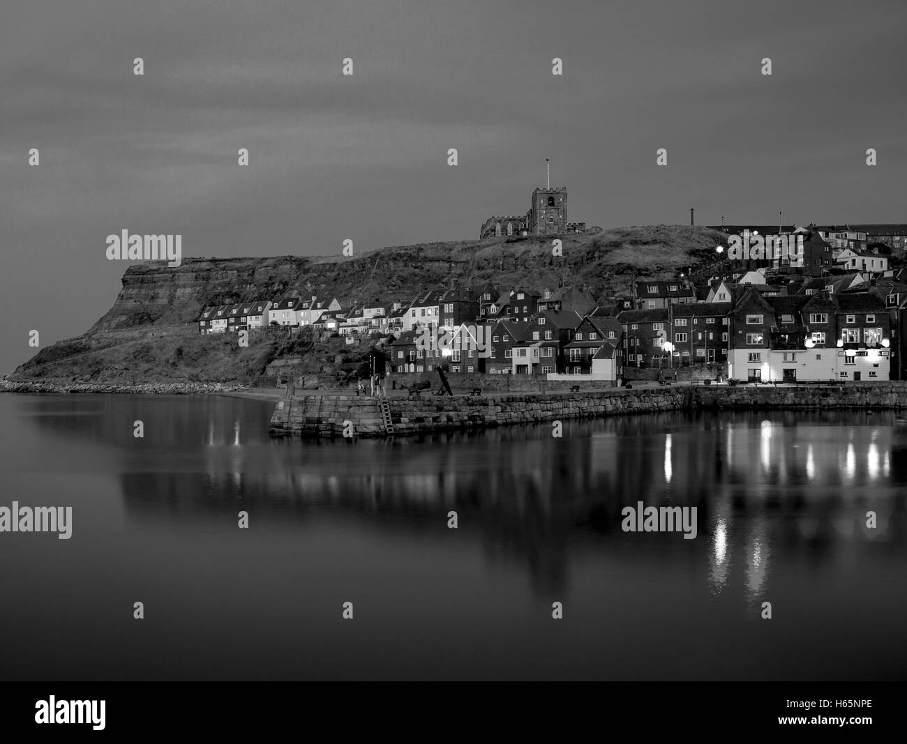 Monochrome image of Whitby Harbour featuring St. Mary's Church Stock ...