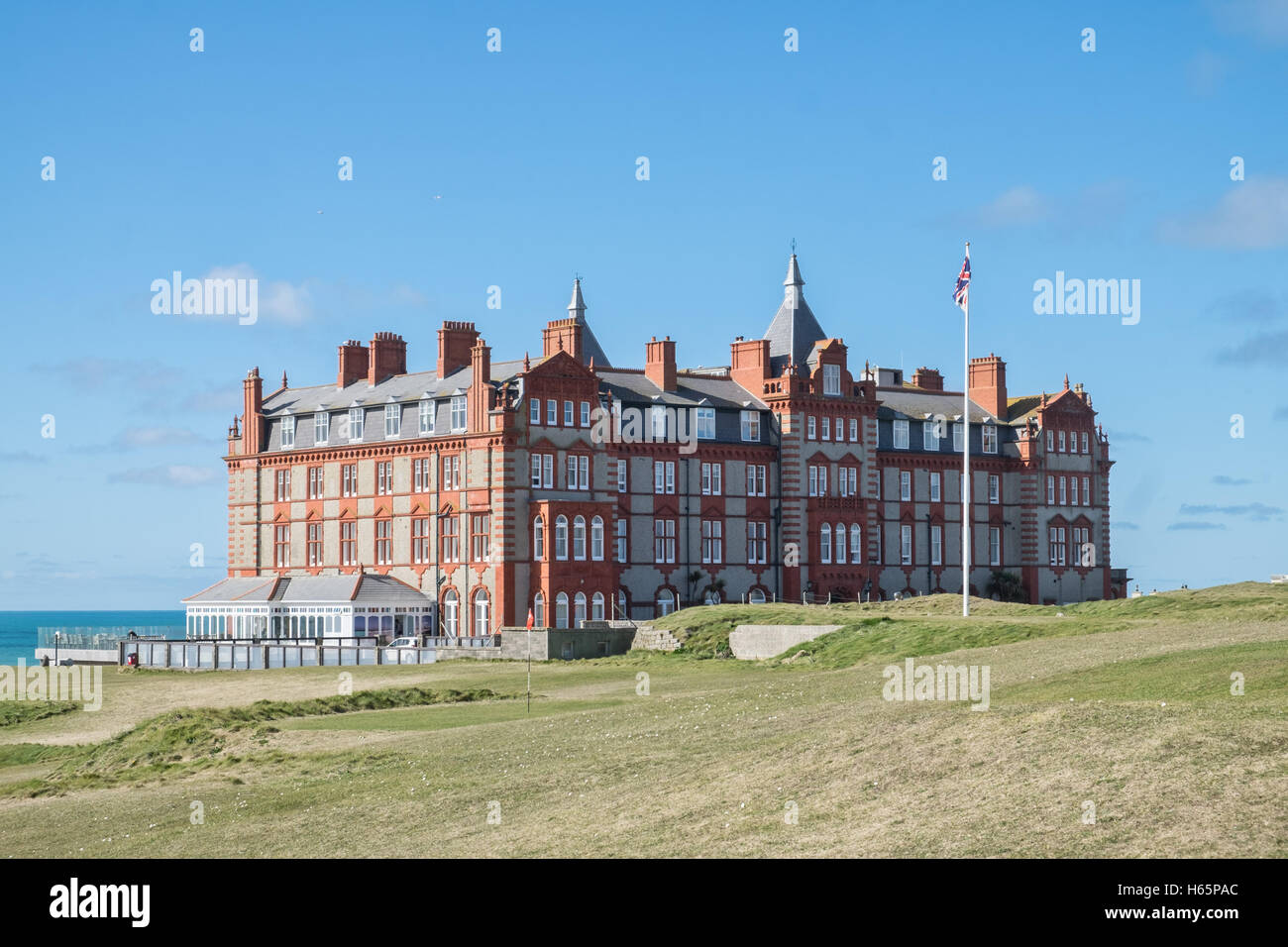 The historic Headland hotel, Newquay, above Fistral beach, Cornwall, UK ...