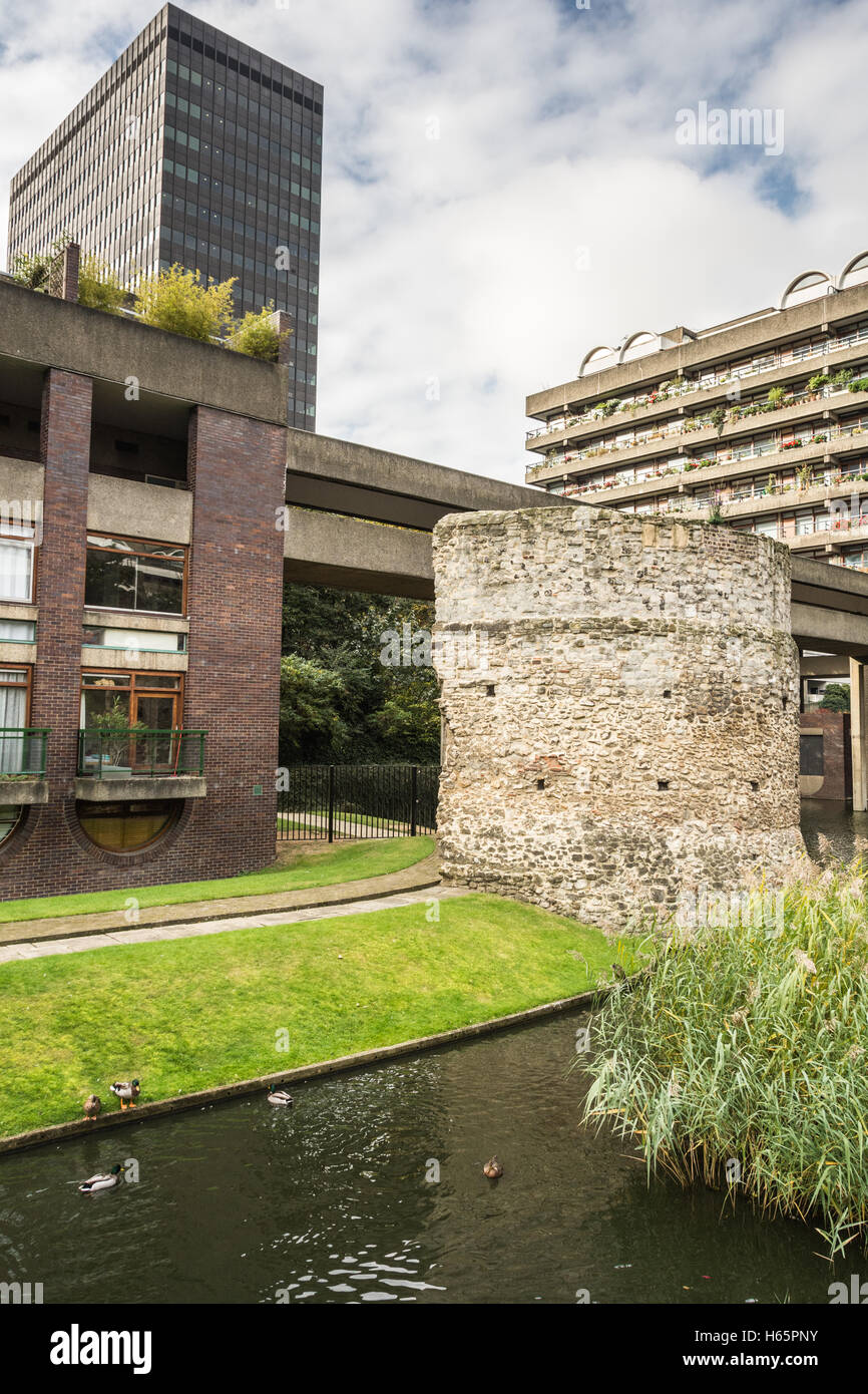 The remains of a Roman fortification and wall on the Barbican housing ...