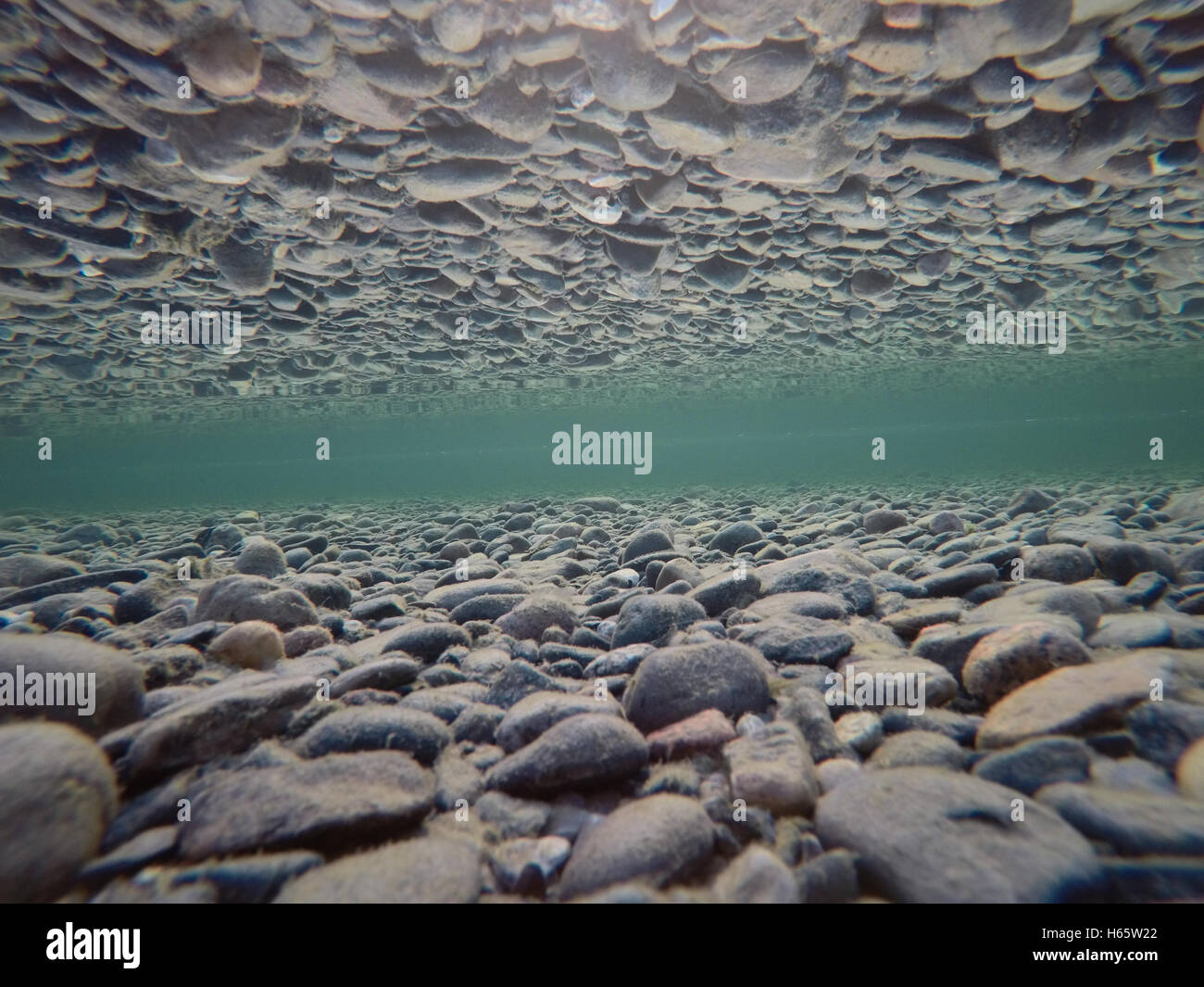 cold underwater river bed with perfect reflection on surface tension ...