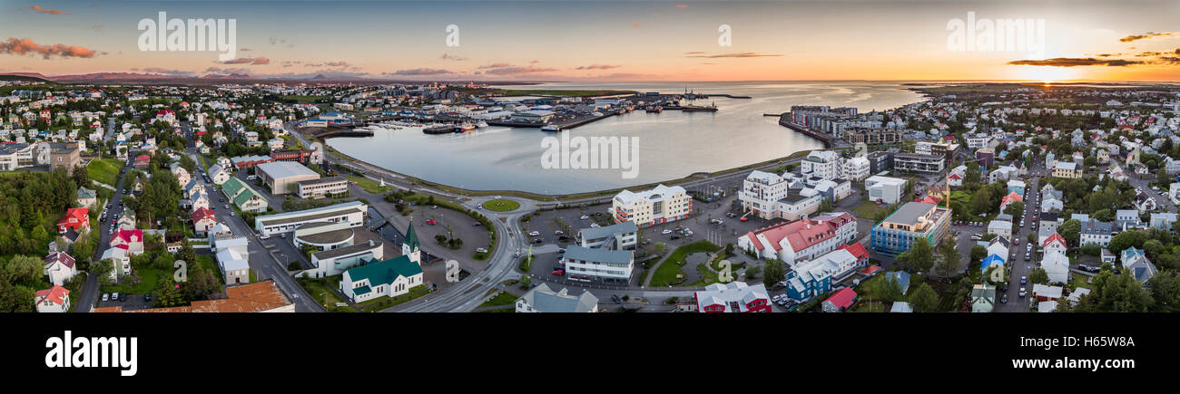 Aerial view of Hafnarfjordur, a suburb of Reykjavik, Iceland. This ...