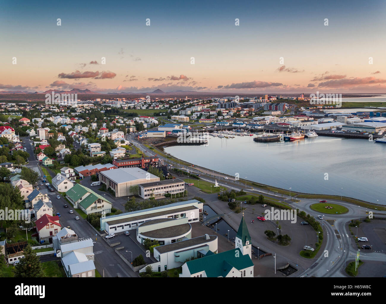 Aerial view of Hafnarfjordur, a suburb of Reykjavik, Iceland. This ...