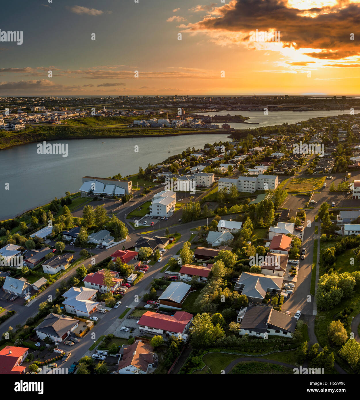 Homes in Grafarvogur, suburb of Reykjavik, Iceland. This image is shot ...