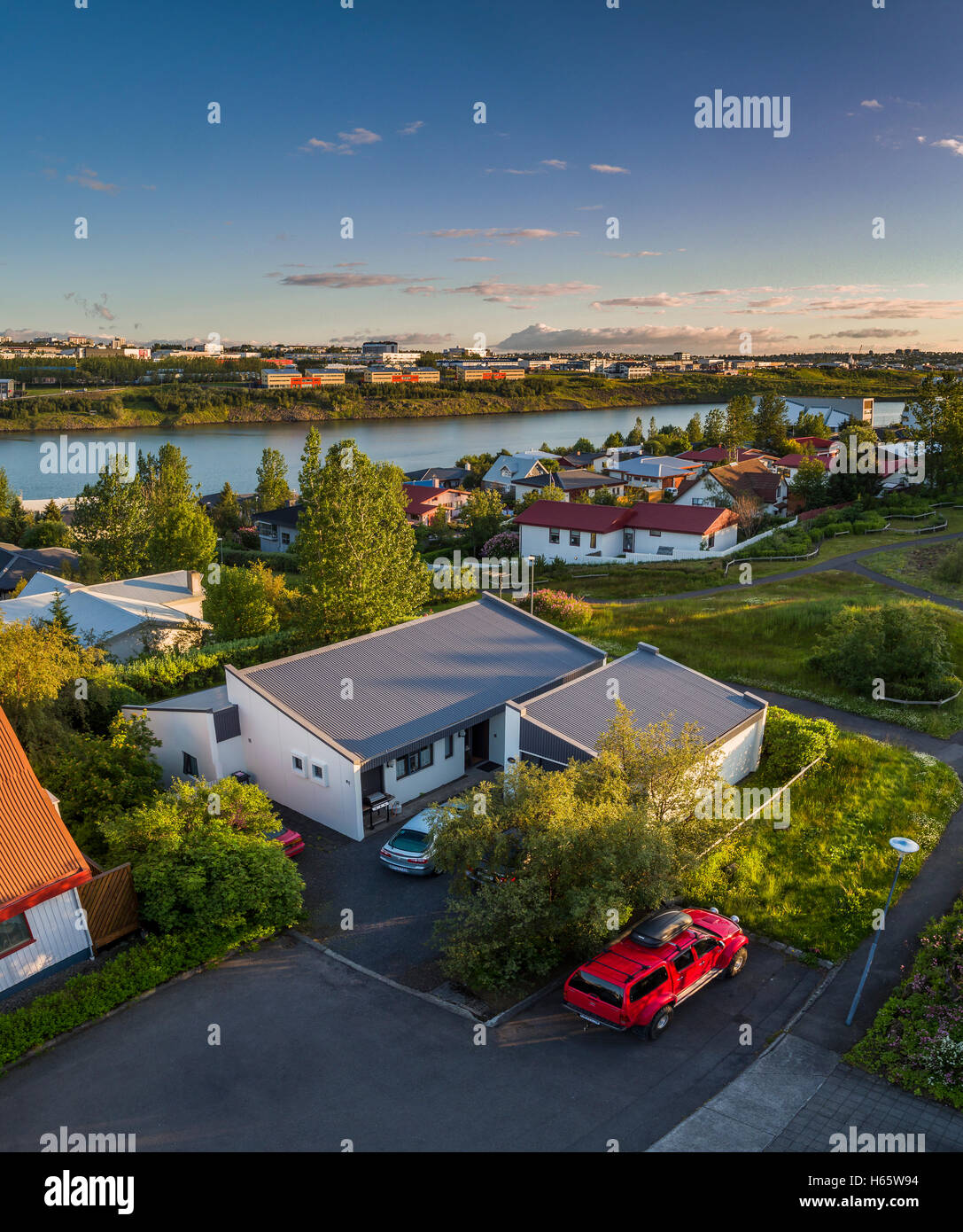 Homes in Grafarvogur, suburb of Reykjavik, Iceland. This image is shot ...