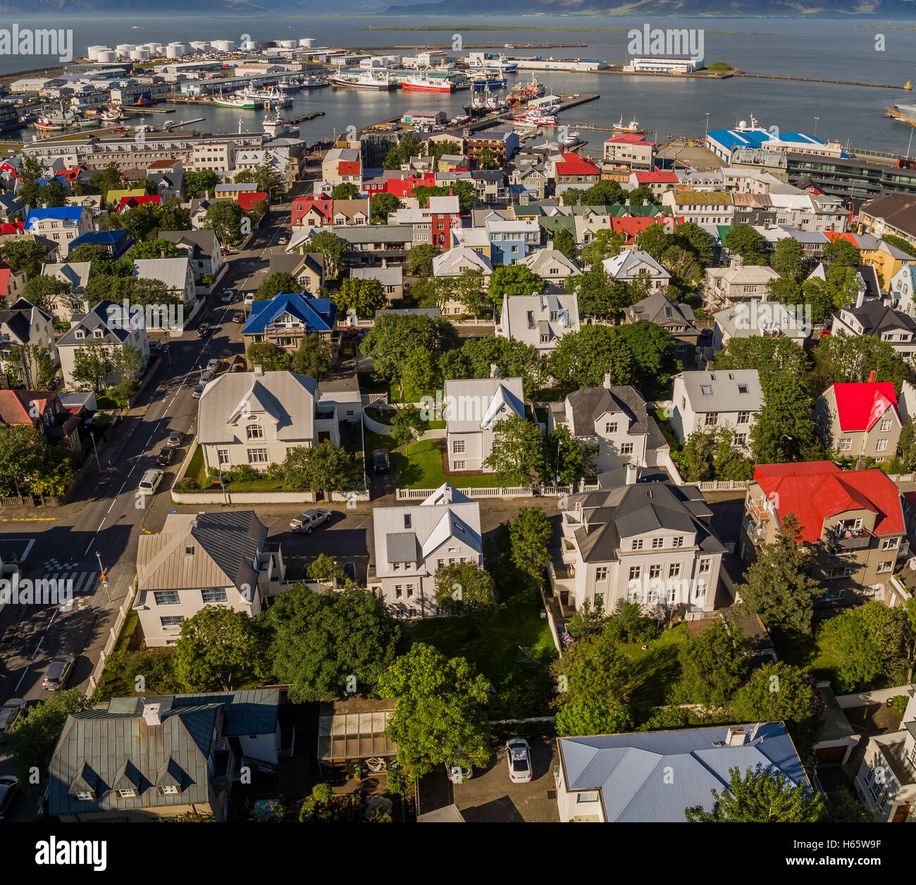 Aerial view of Neighborhood in Reykjavik, Iceland. This image is shot ...