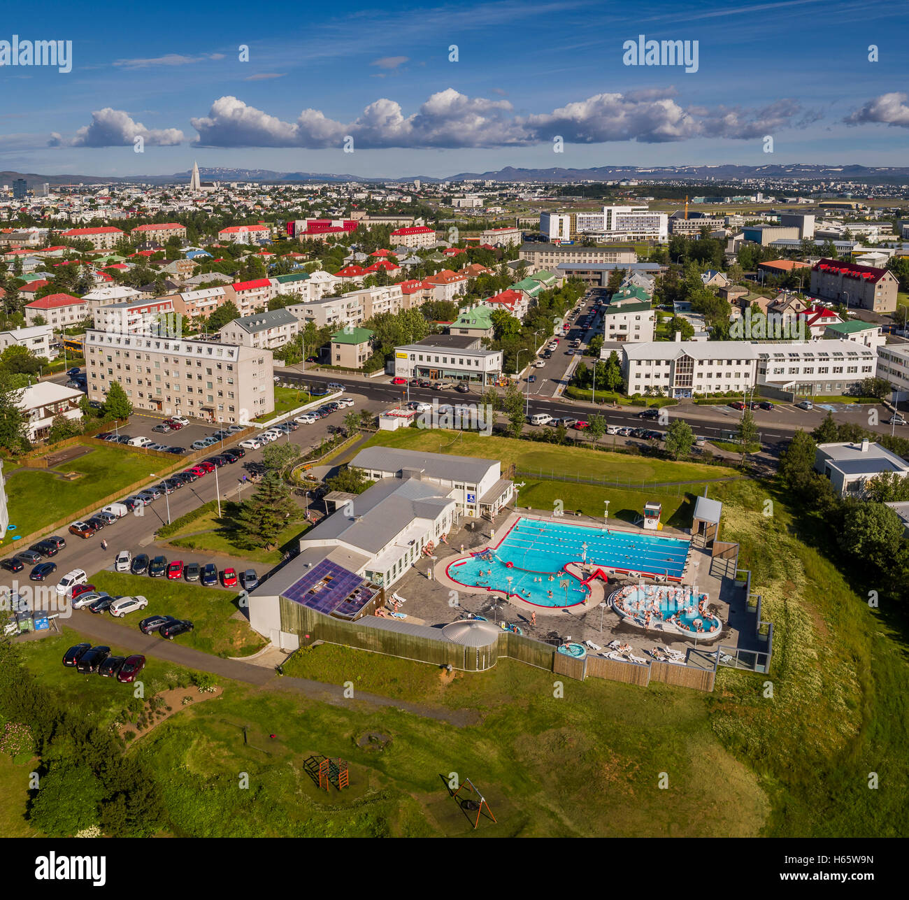Aerial view of swimming pool in Reykjavik, Iceland. This image is shot ...