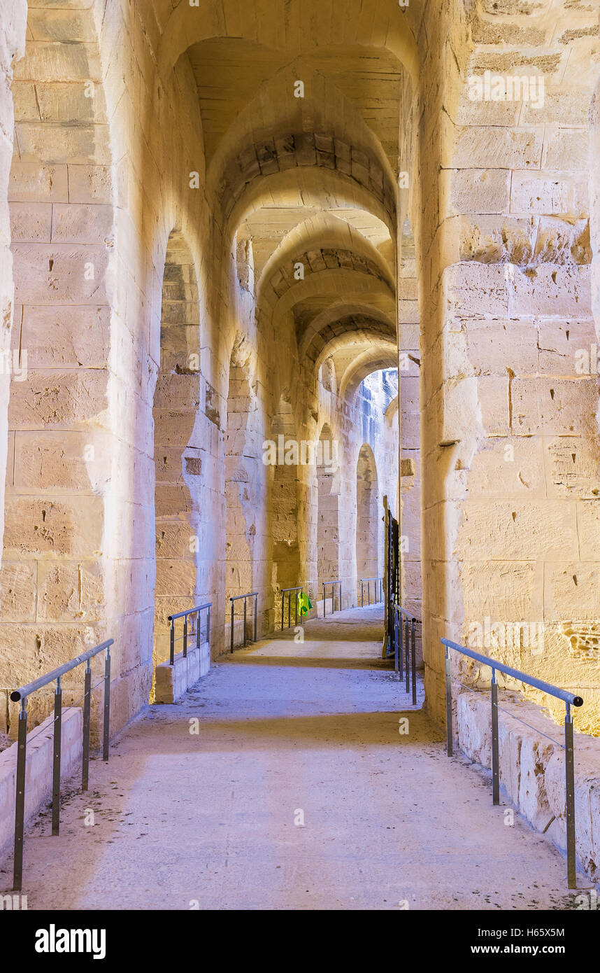 The narrow hall in ancient amphitheatre surrounds the arena, El Jem ...