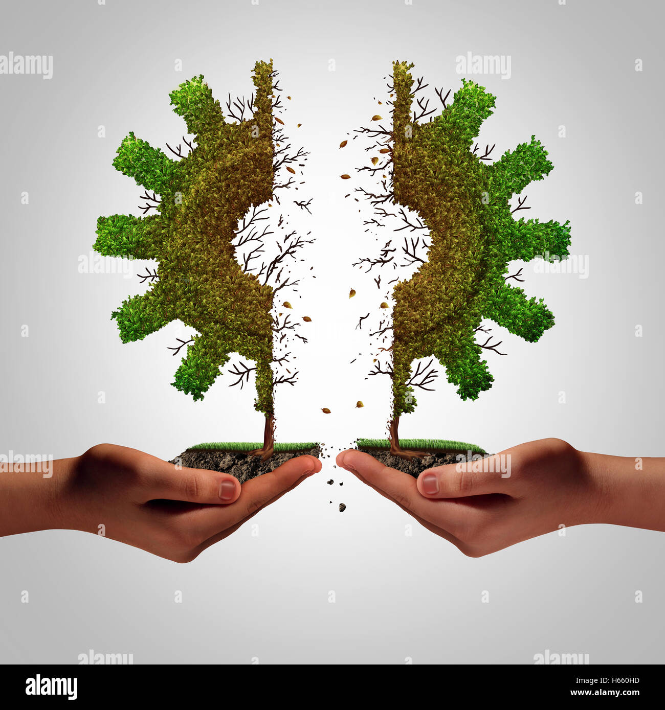 Business failure and partnership separation as human hands rearing ...