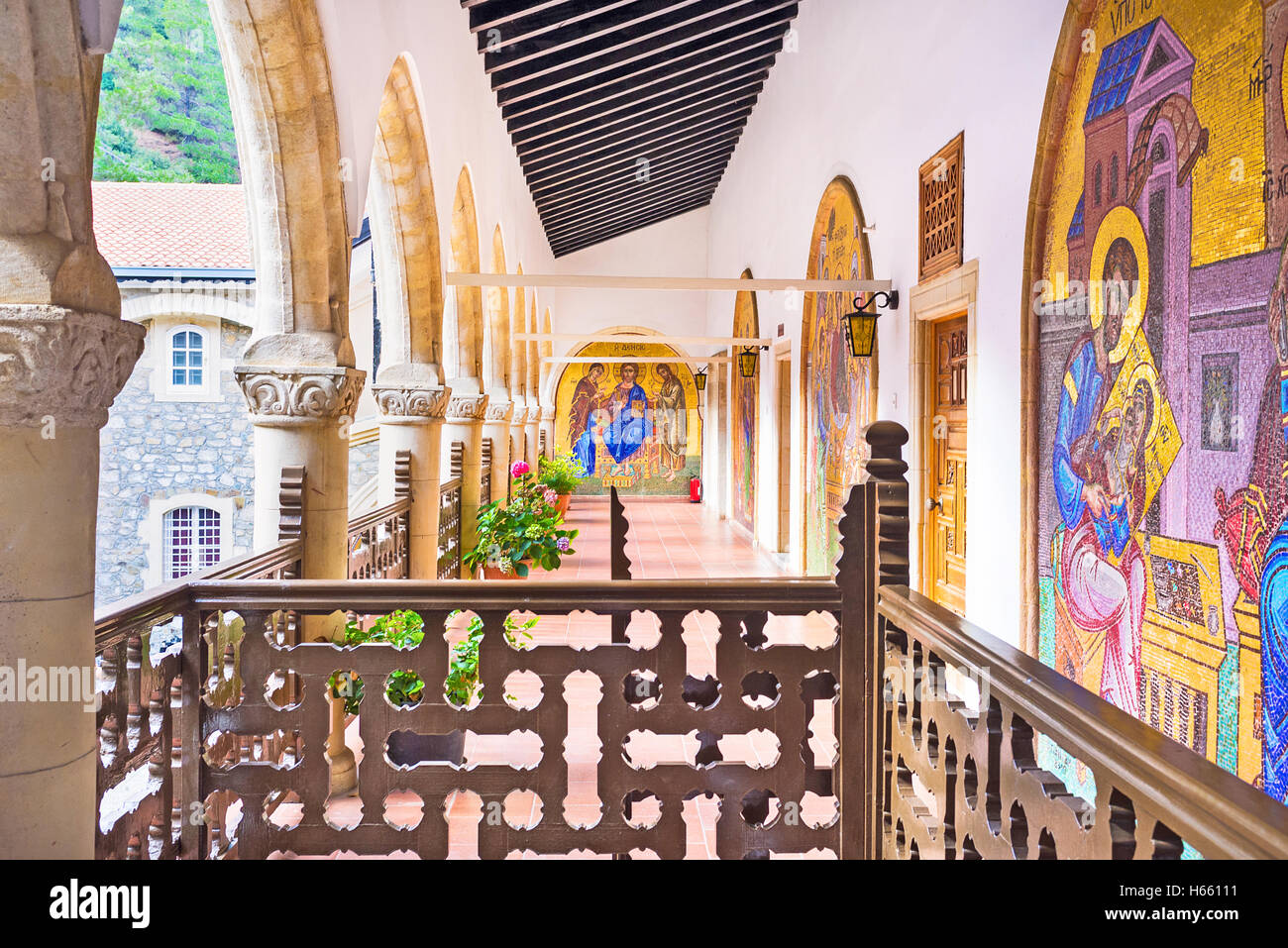 The The masterpiece mosaic icons decorate the walls on the terrace of ...