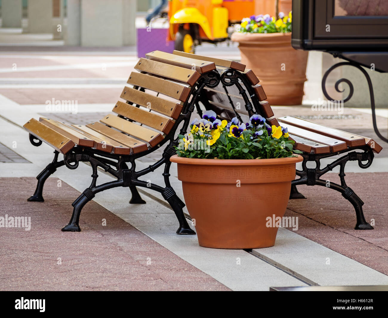 Elegance city benches and flower pots, shallow depth of field Stock ...