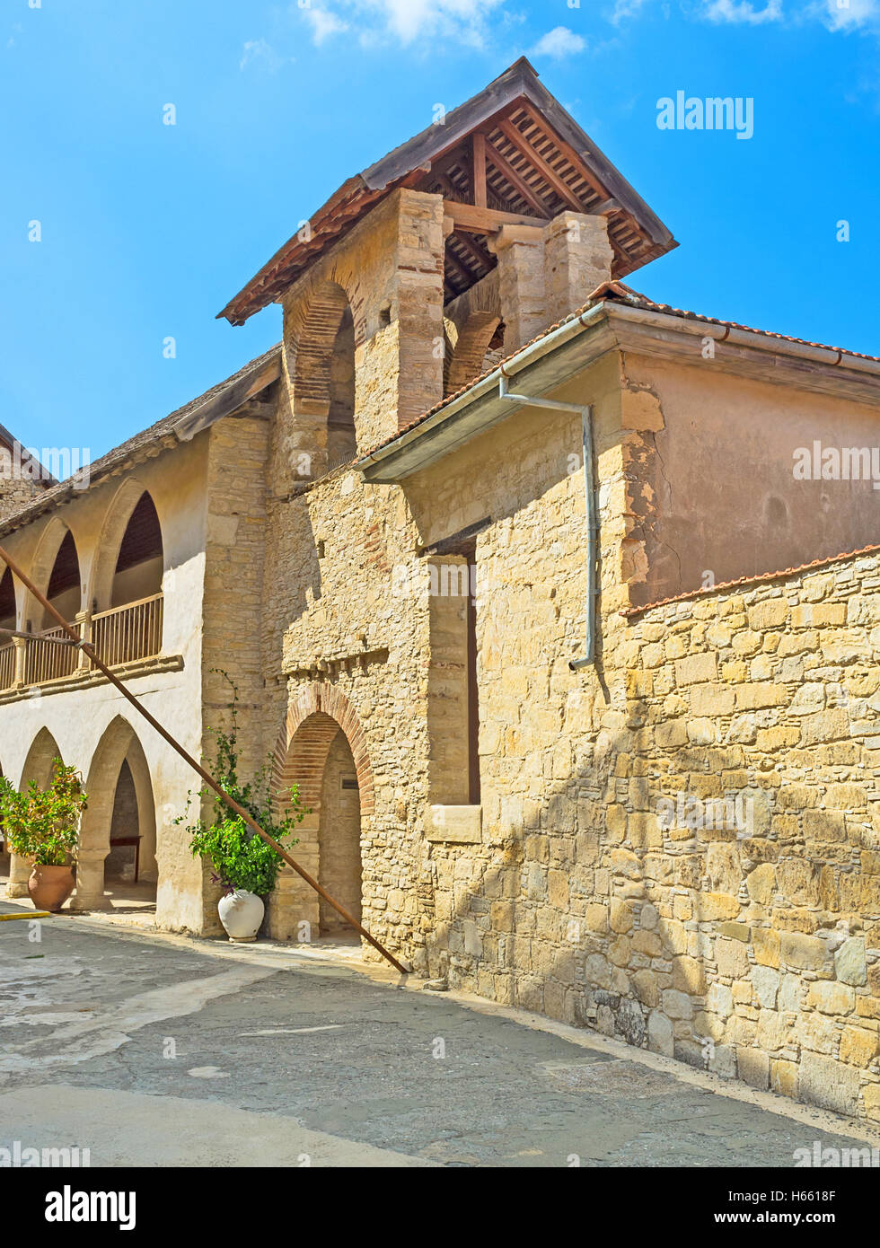 The medieval courtyard of the Stavros Monastery, Omodos, Cyprus Stock ...