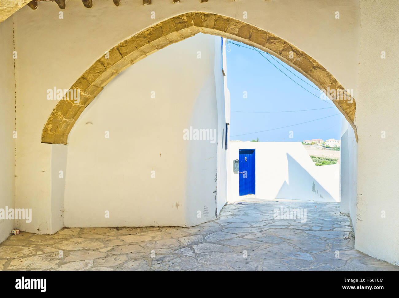 The view through the arch of the medieval house, Maroni, Cyprus Stock ...