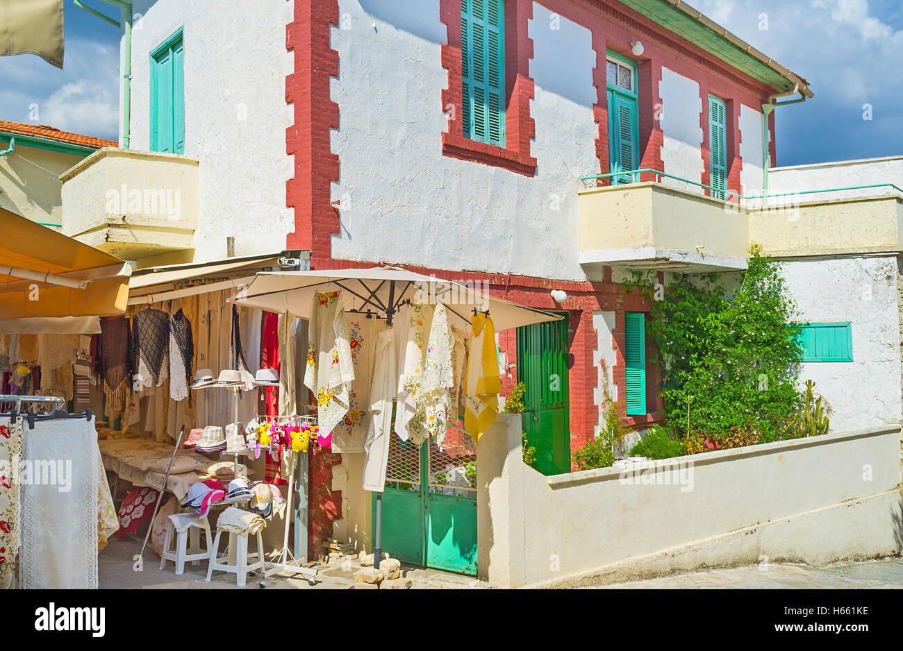 The tourist stalls of Omodos boasts beautiful hand made embroidered and ...