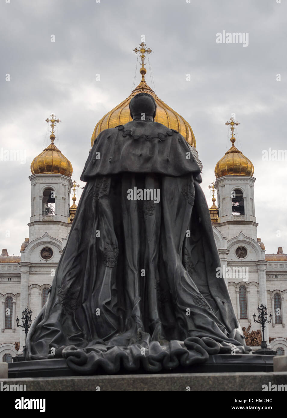 Statue of Tsar Alexander II looking at Cathedral of Christ the Savior ...