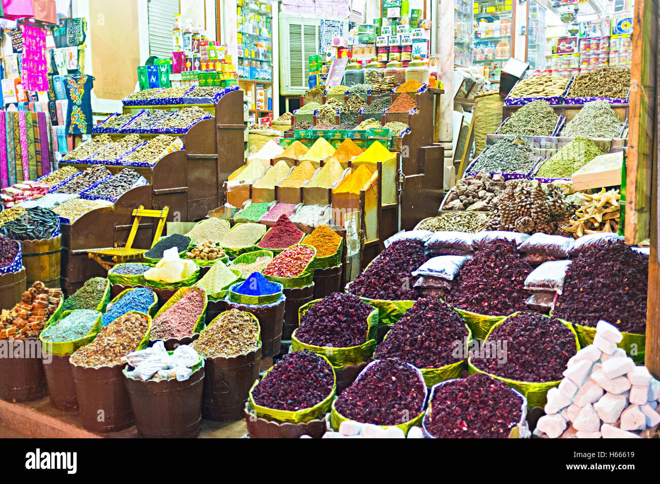 The old stall with the wide range of spices on traditional arabic ...