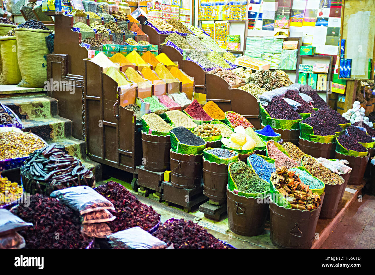 The old stall with the wide range of spices on traditional arabic ...