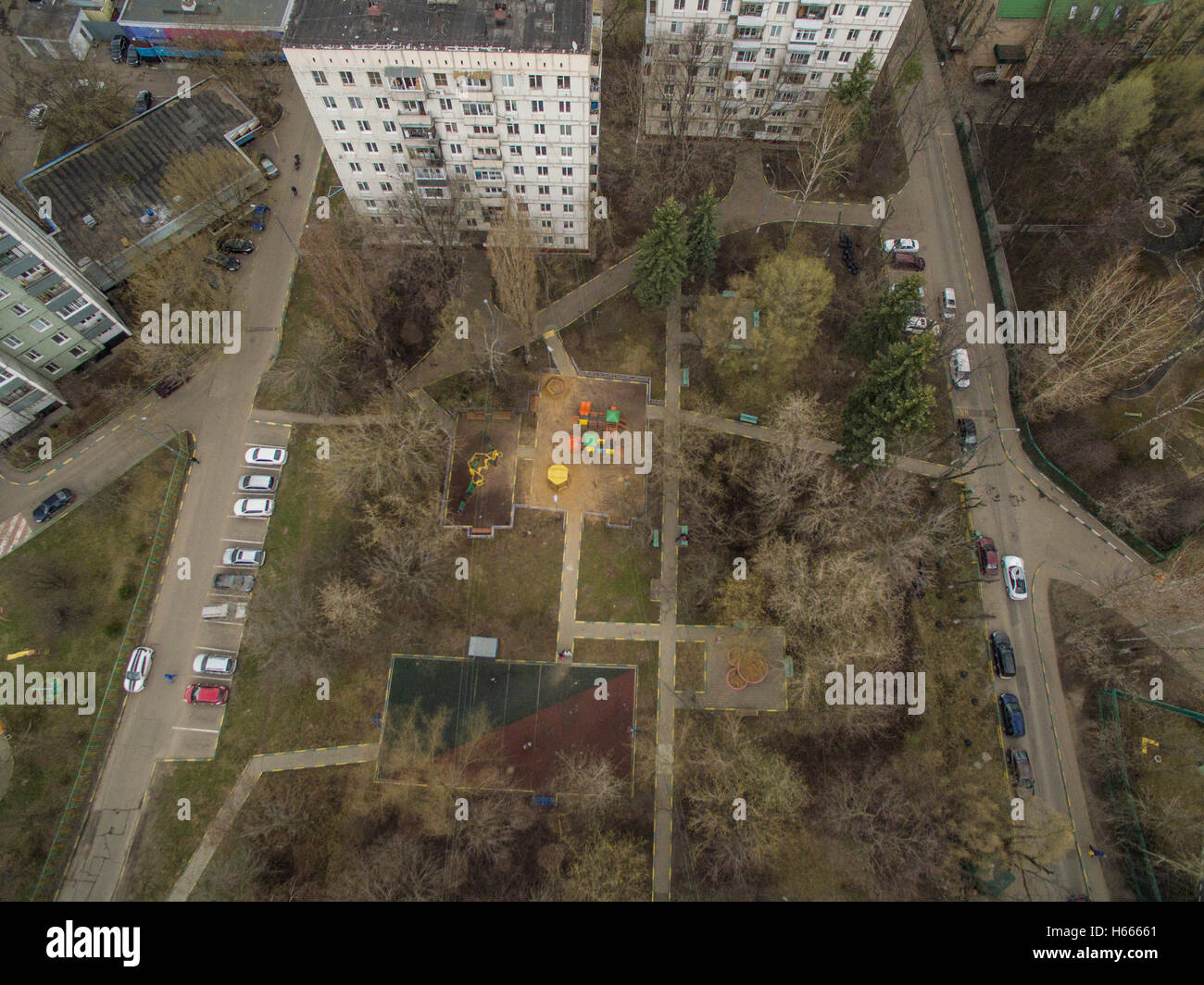 Aerial shot of apartment blocks with yard in Moscow Stock Photo - Alamy