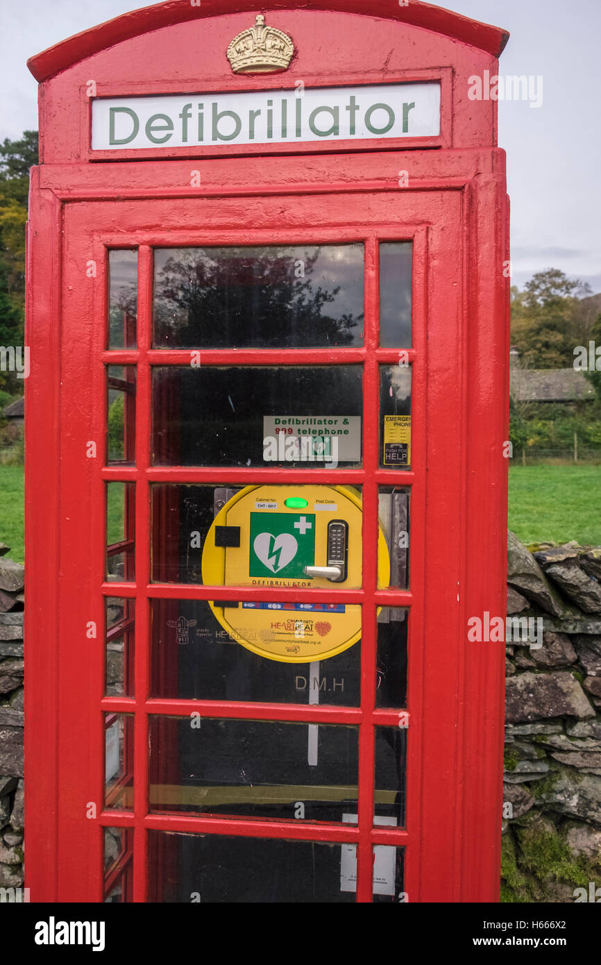 Emergency defibrillator located in an old UK red telephone box ...